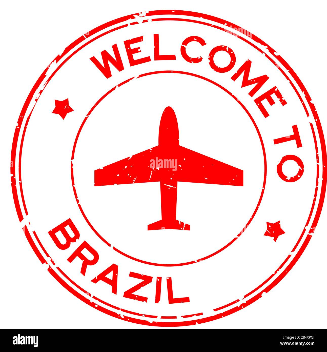 Grunge red welcome to Brazil word with airplane icon round rubber seal ...