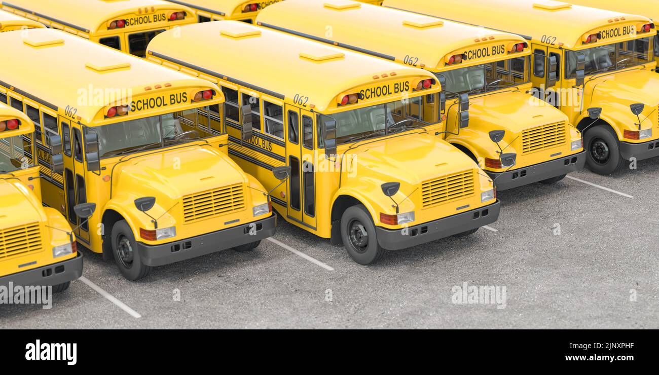 Yellow school bus in a row on a parking. 3d illustration Stock Photo ...