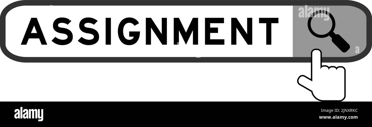 Search banner in word assignment with hand over magnifier icon on white ...