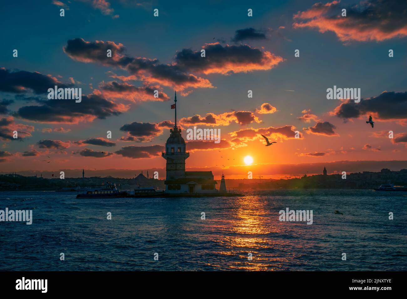 Awesome sunset at Maiden Tower. An iconic landmark on Istanbul's ...