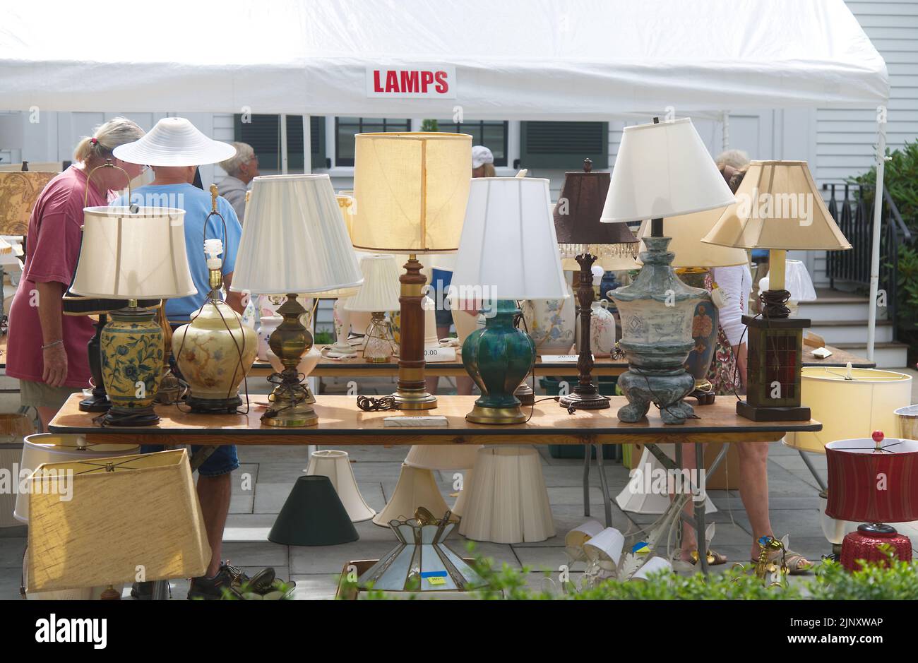 Lamps on sale at a church flea market in Dennis, Massachusetts on Cape ...