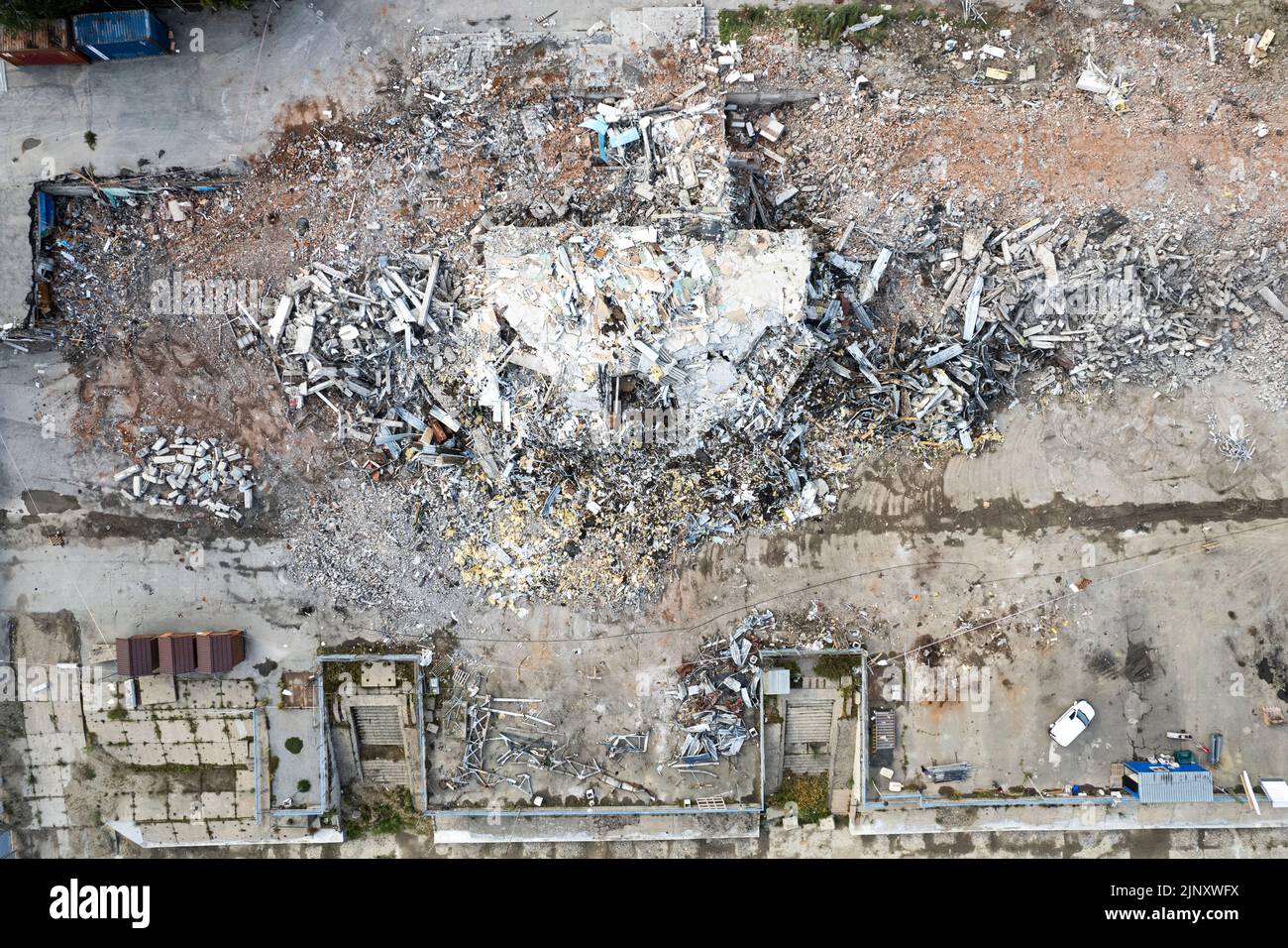 Top view of the destroyed building. Aerial view of the ruins. top view ...