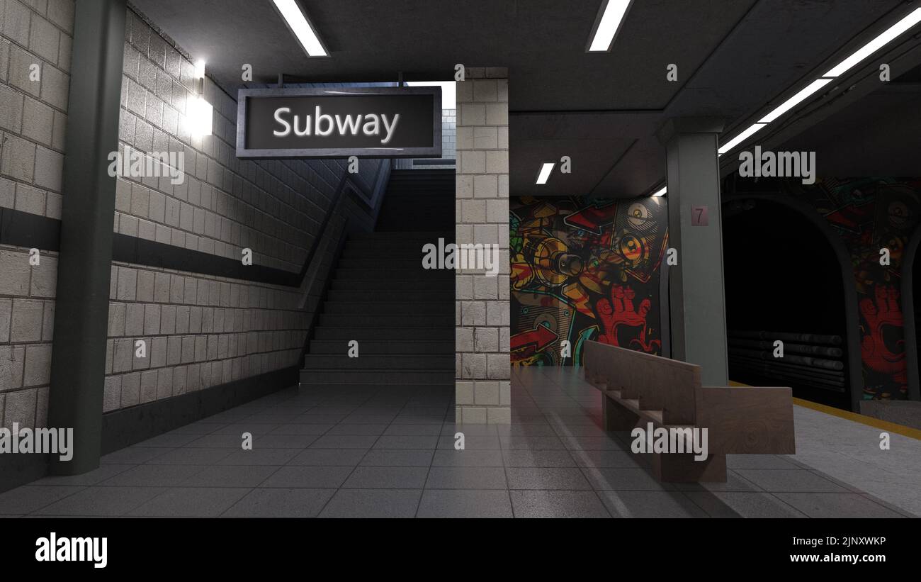 3D-illustration of an empty and abandoned subway station Stock Photo ...
