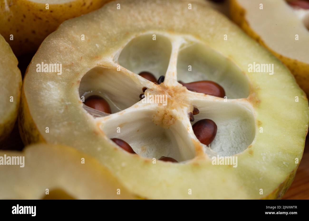 Close-up of Japanese quince. Cross-sectioned fruit with seeds in a seed ...