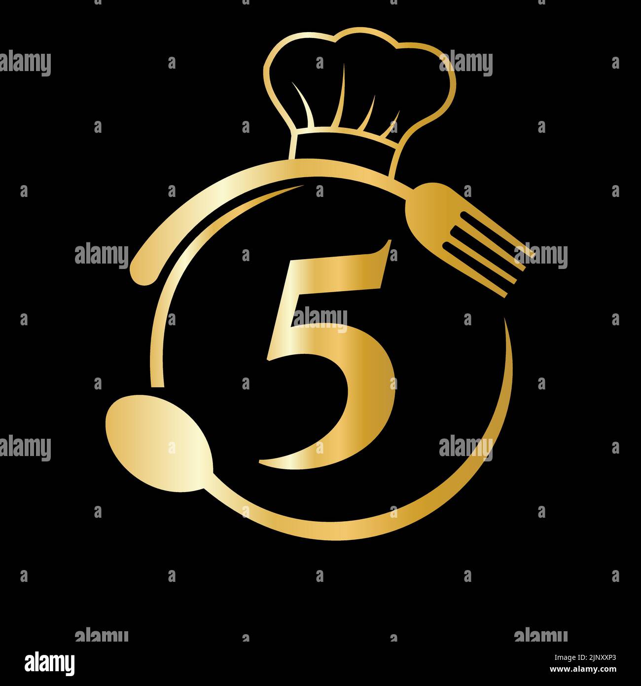 Restaurant Logo on Letter 5 Concept. Letter 5 Logo with Chef Hat, Spoon ...
