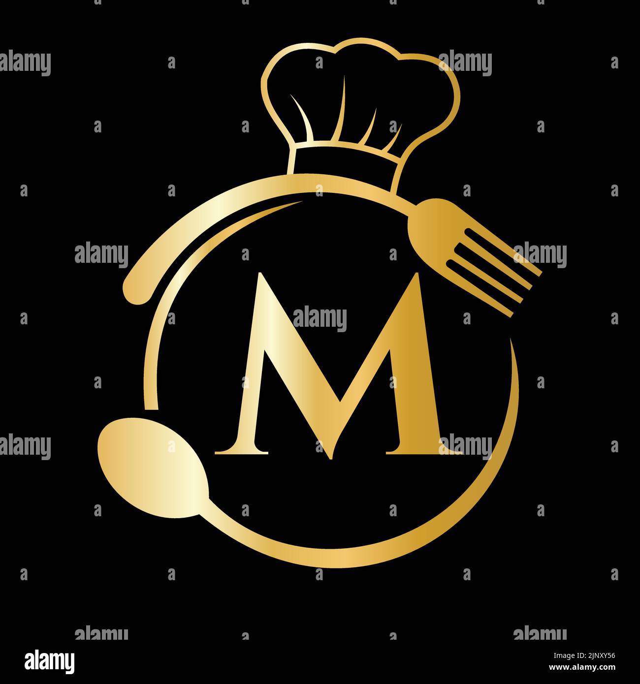Restaurant Logo on Letter M Concept. Letter M Logo with Chef Hat, Spoon ...