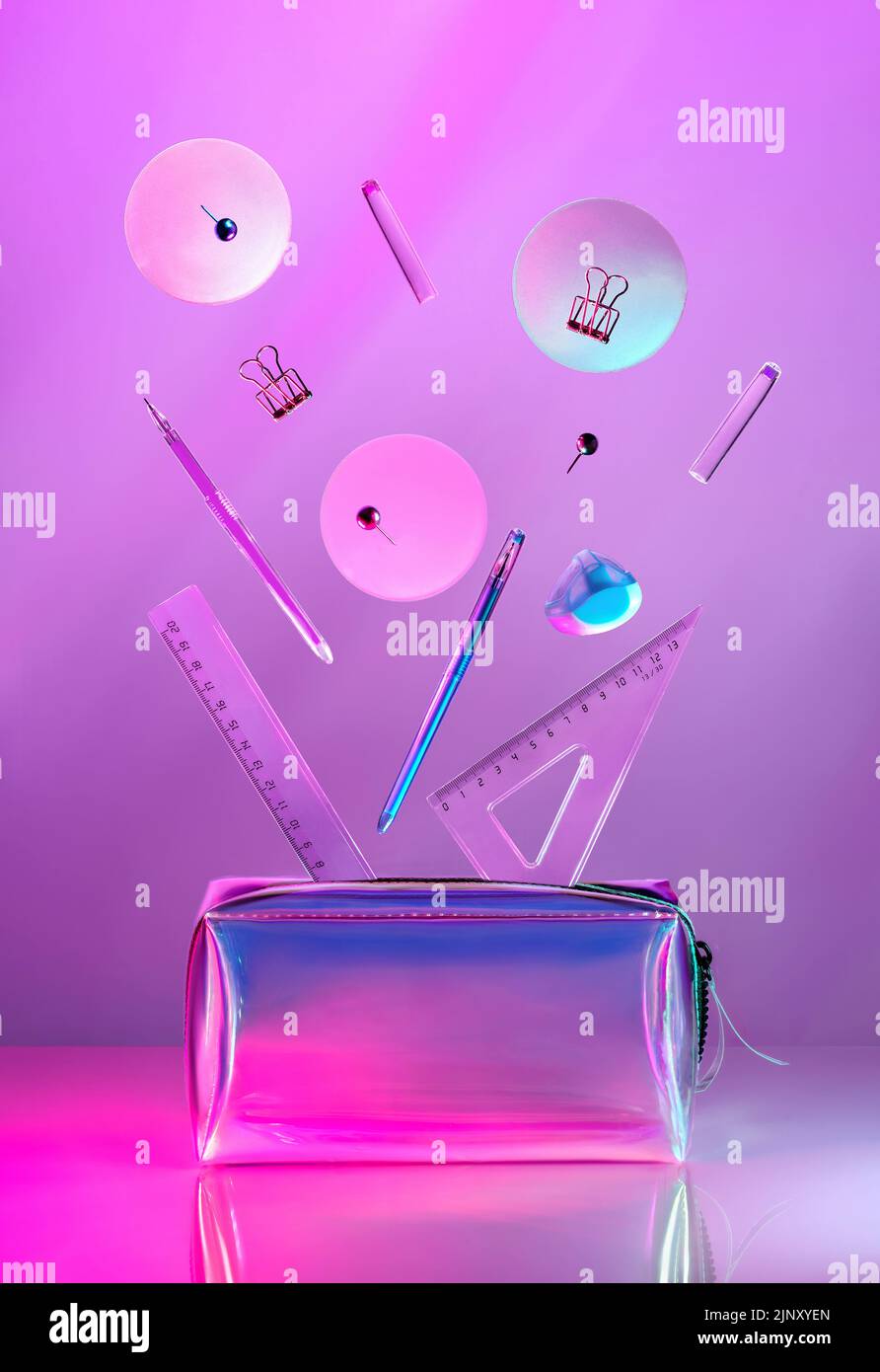 Creative minimal composition made with school supplies flying in the ...