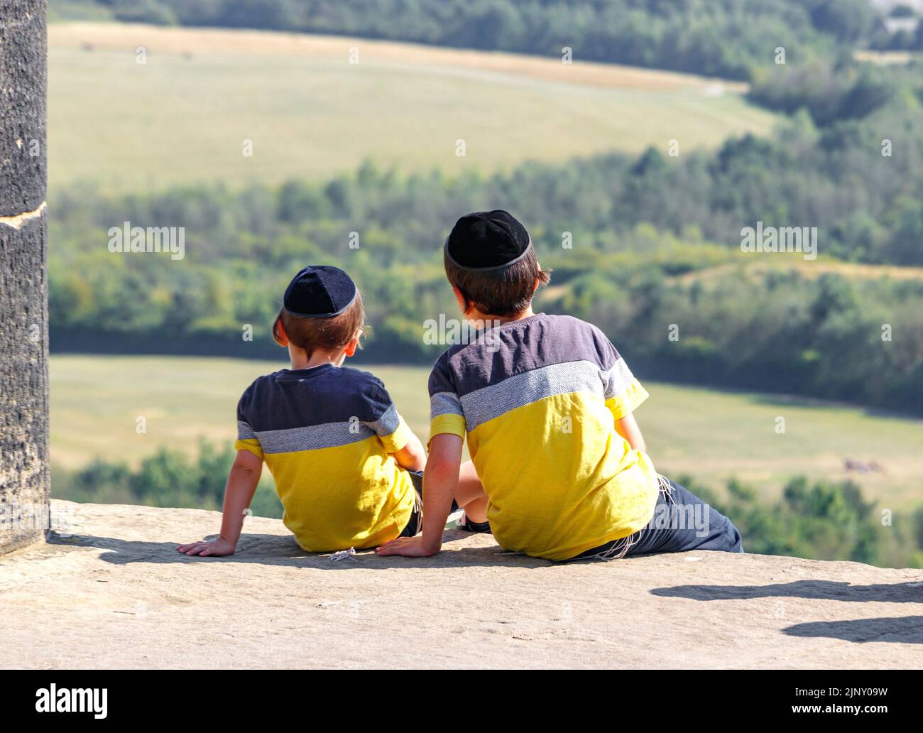 Orthodox Jewish family day 2 boys wearing traditional kippurs yarmulke ...