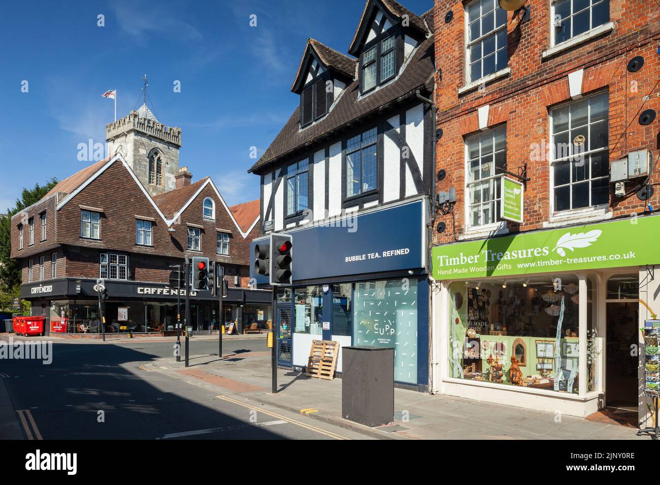 Summer afternoon on the High Street in Salisbury city centre, Wiltshire ...