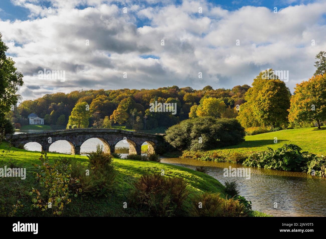 The Bridge and Pantheon at Stourhead in the autumn, Wiltshire, England ...