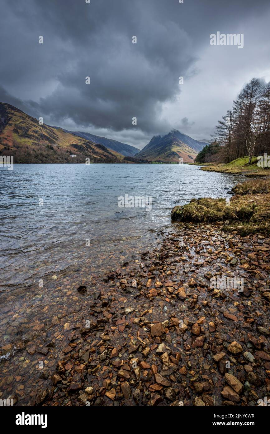 The Buttermere western shoreline with Fleetwith Pike in the background ...