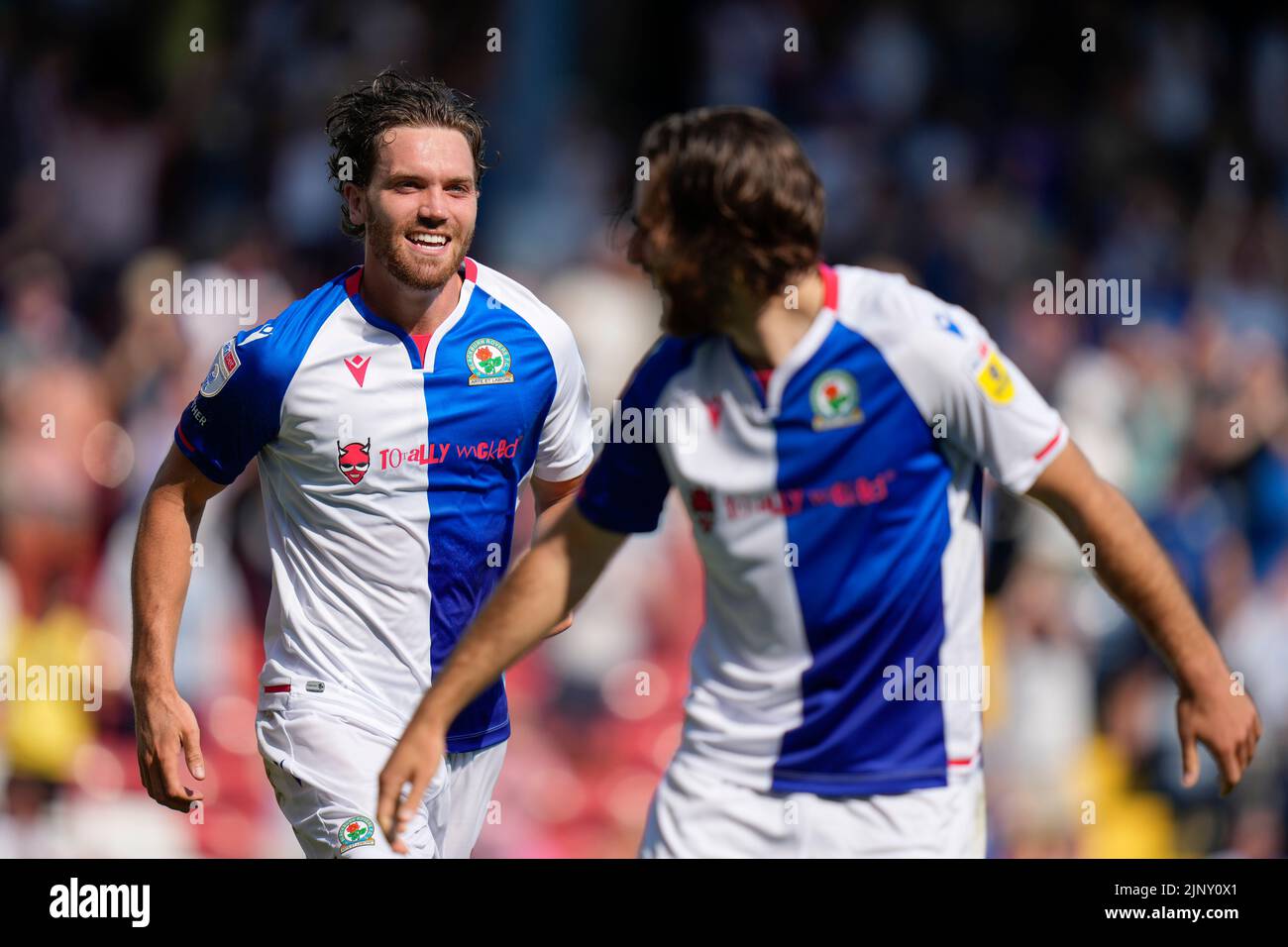 Sam Gallagher #9 of Blackburn Rovers celebrates with Ben Brereton D’az ...