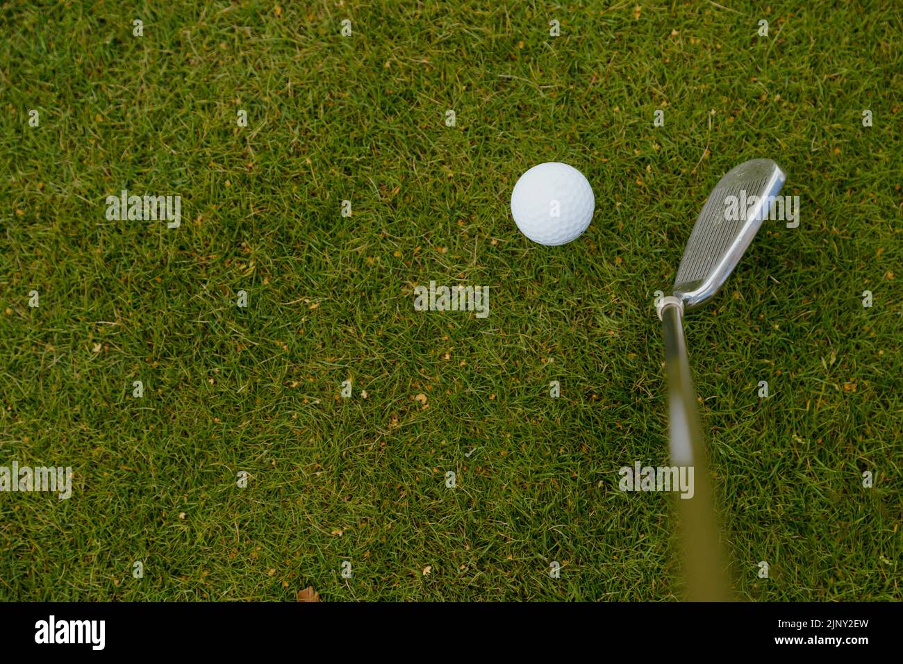 Golf club and golf ball on green grass, top view Stock Photo - Alamy