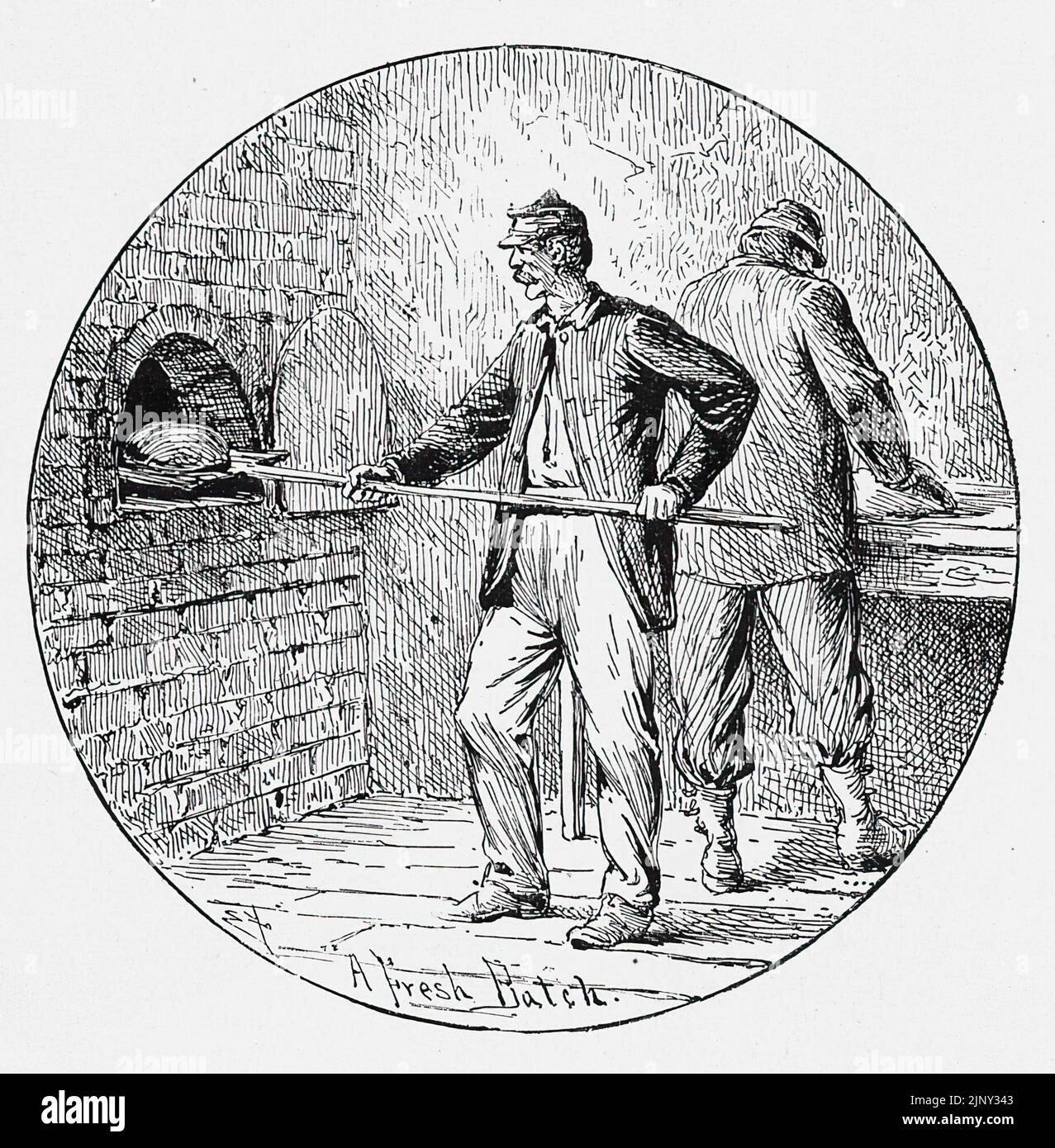 A Fresh Batch. Union Army soldier baking bread in a farmhouse brick ...