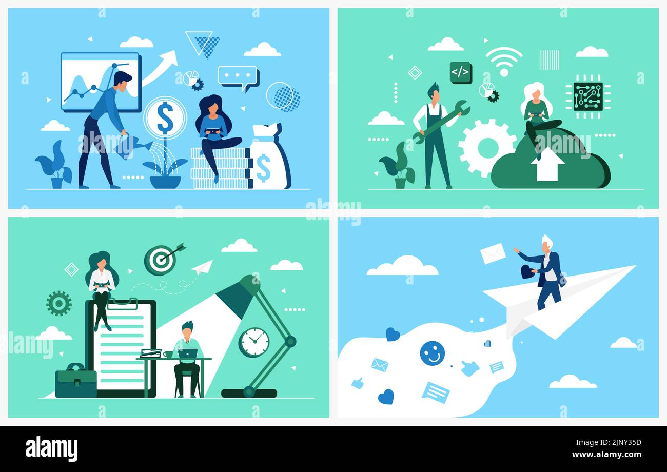 Busy business people work on future plan and career set. Cartoon ...