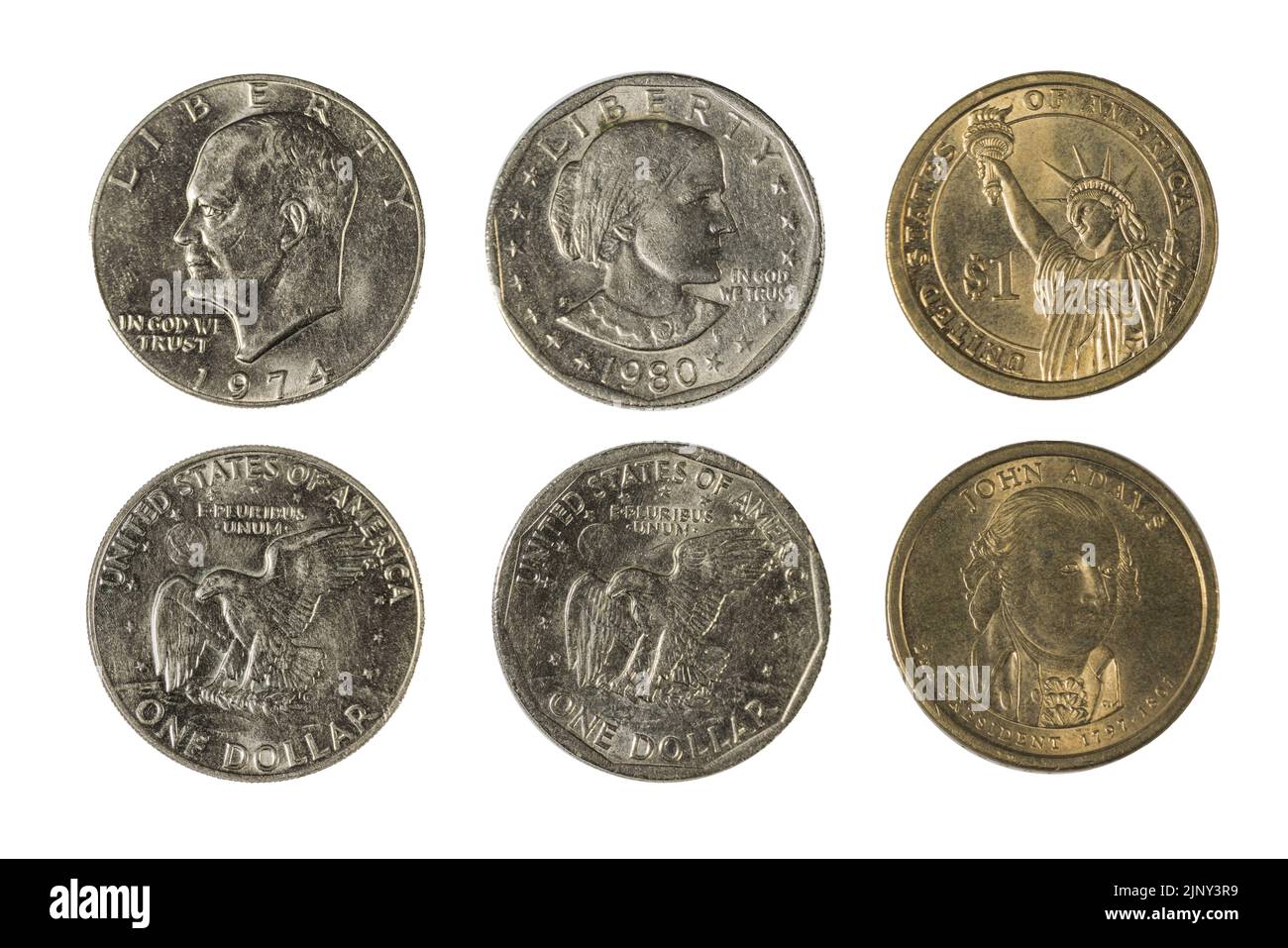 Close up view of one dollar coins of different years of issue isolated ...