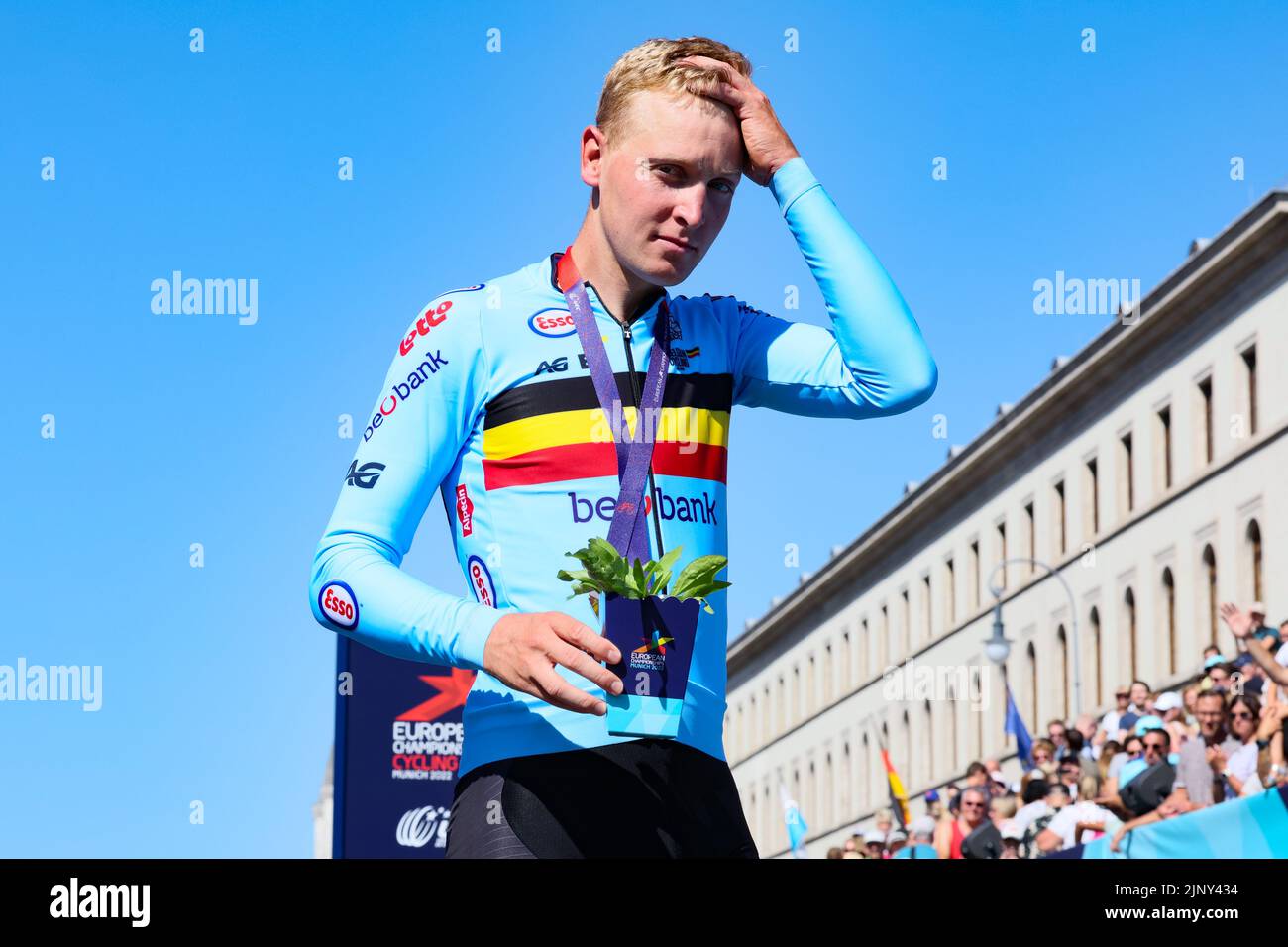 Belgian Tim Merlier celebrates on the podium of the Elite Men's Road ...