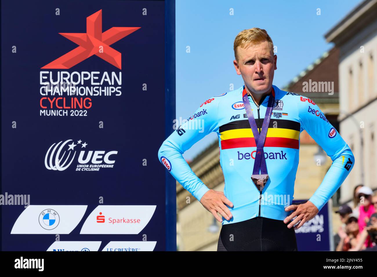 Belgian Tim Merlier celebrates on the podium of the Elite Men's Road ...