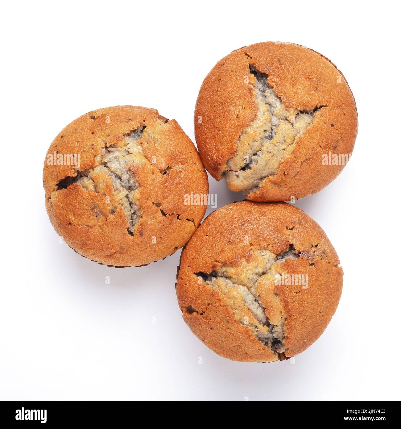 Three Blueberry Muffins Shot From Directly Above Isolated On White