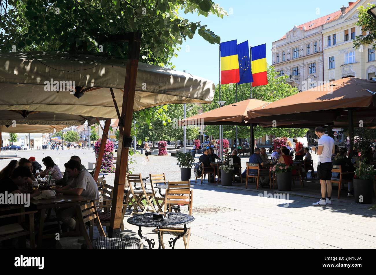 Pretty cafes on Piata Unirii, the Union Square in Cluj-Napoca, the ...