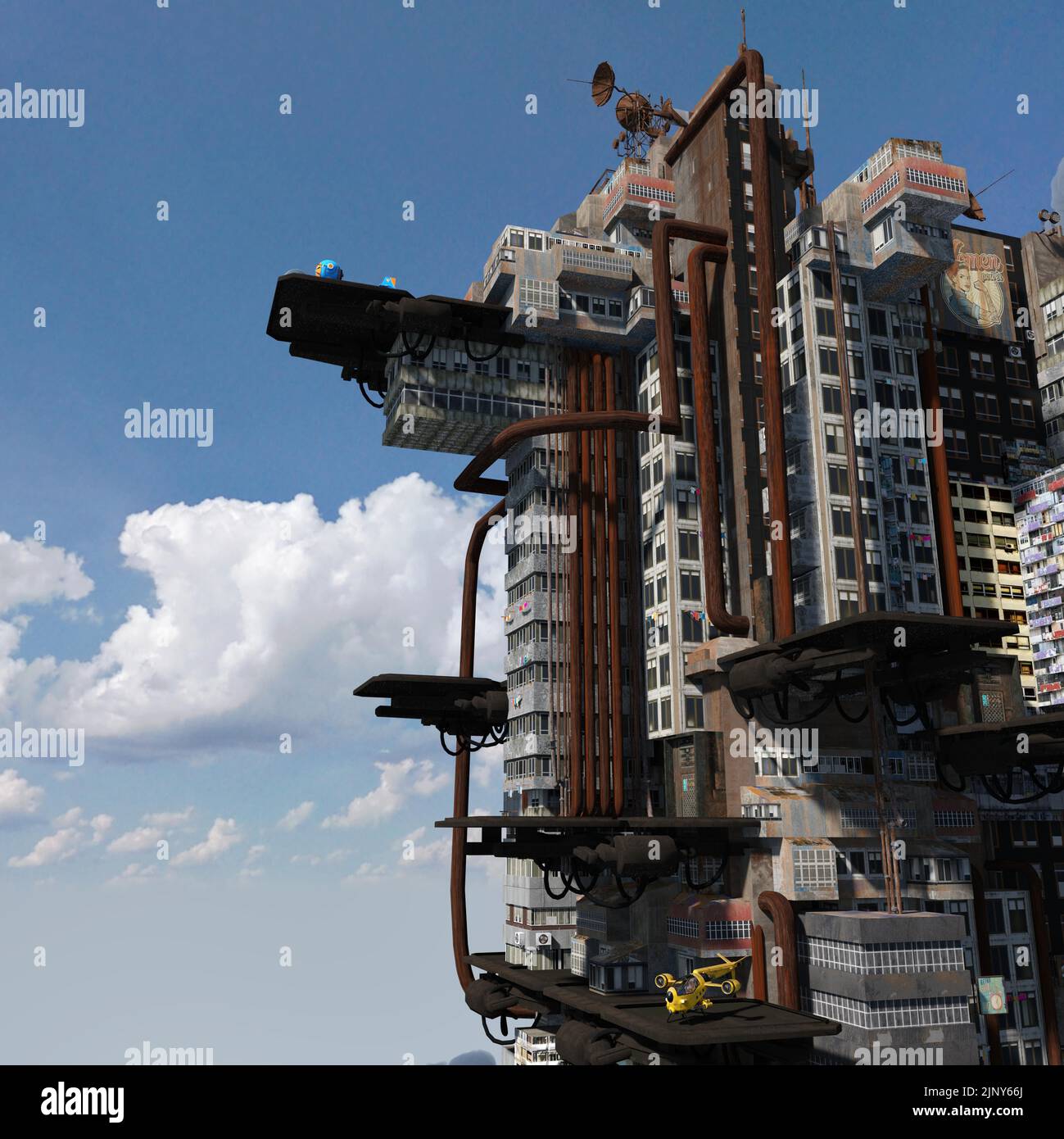 3D-illustration of a multiverse with skysrcapers in the clouds Stock ...