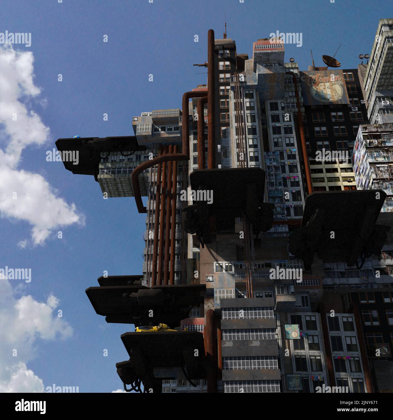 3D-illustration of a multiverse with skysrcapers in the clouds Stock ...