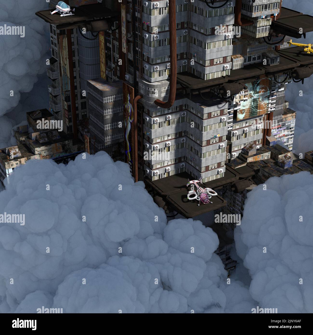 3D-illustration of a multiverse with skysrcapers in the clouds Stock ...