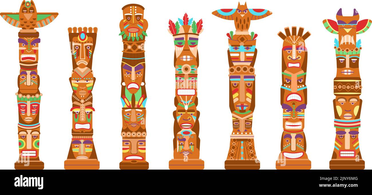 Mask totem poles. Hawaii tiki totems, ancient mythological symbols ...