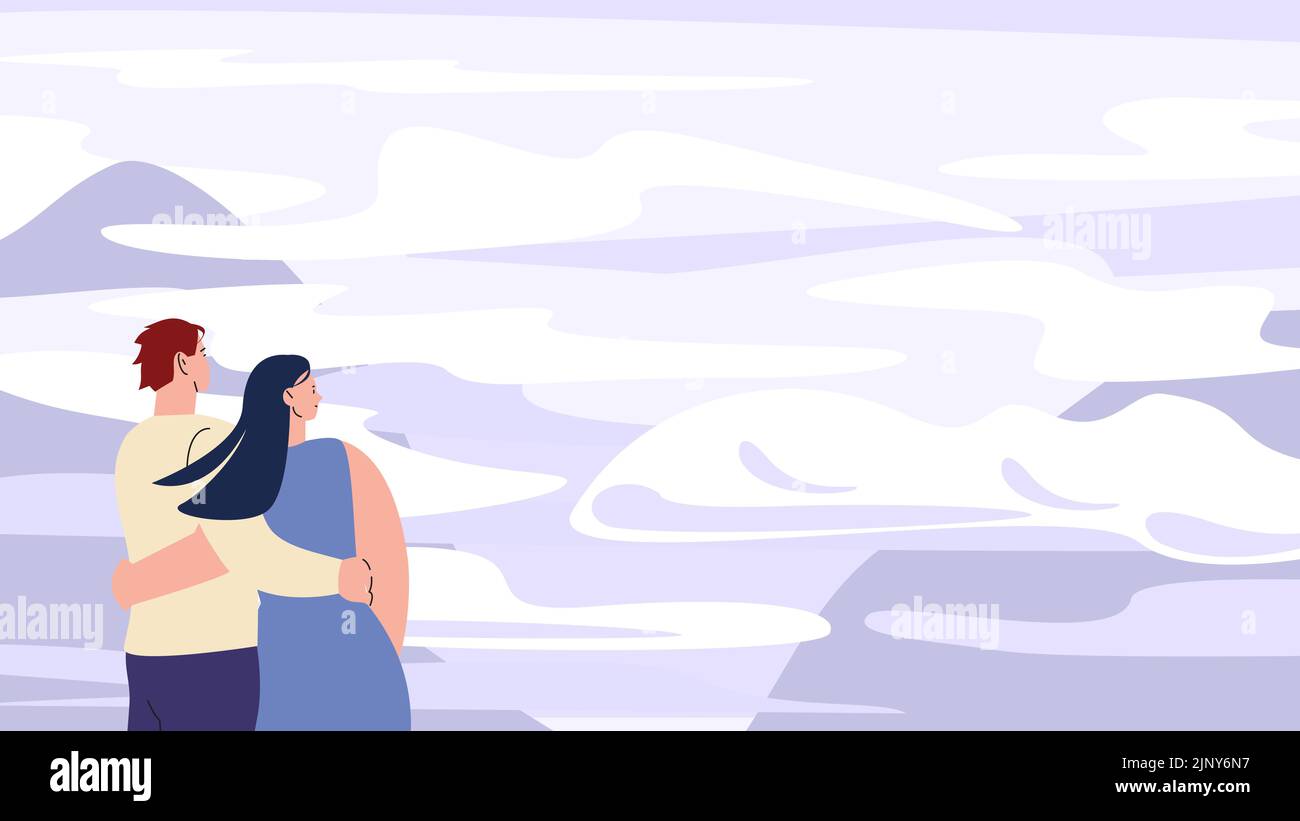 Romantic couple looking flying clouds on sky. Positive future scene ...