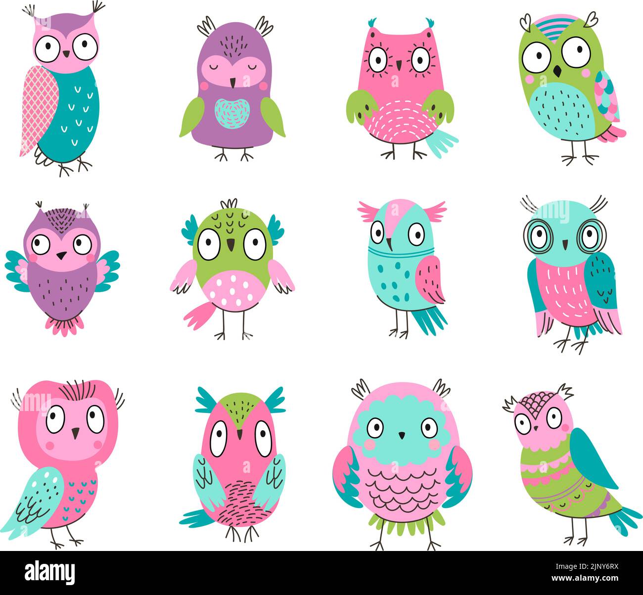 Cute cartoon owls. Nice forest owl, cutie wild colorful animals. Kids ...