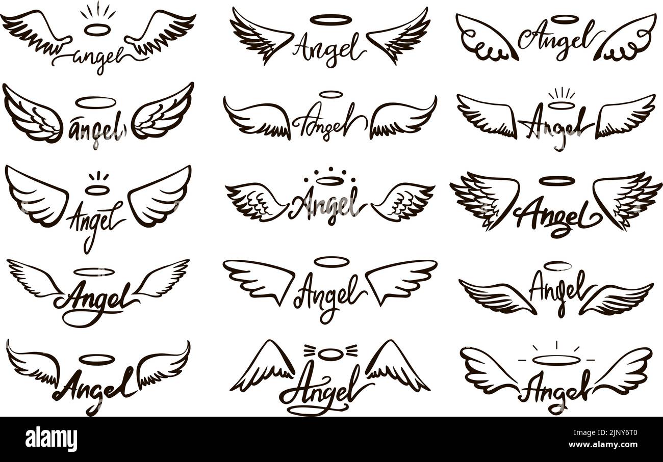 Angel lettering and wings sketch. Spirit saint angels wing with halo ...