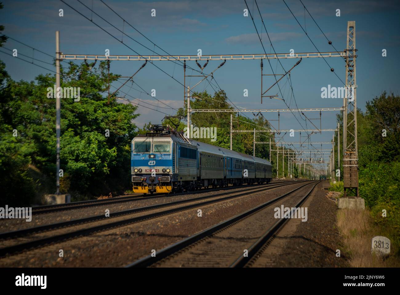 Trains on main czech railway Prague Kolin in summer hot sunny evening ...