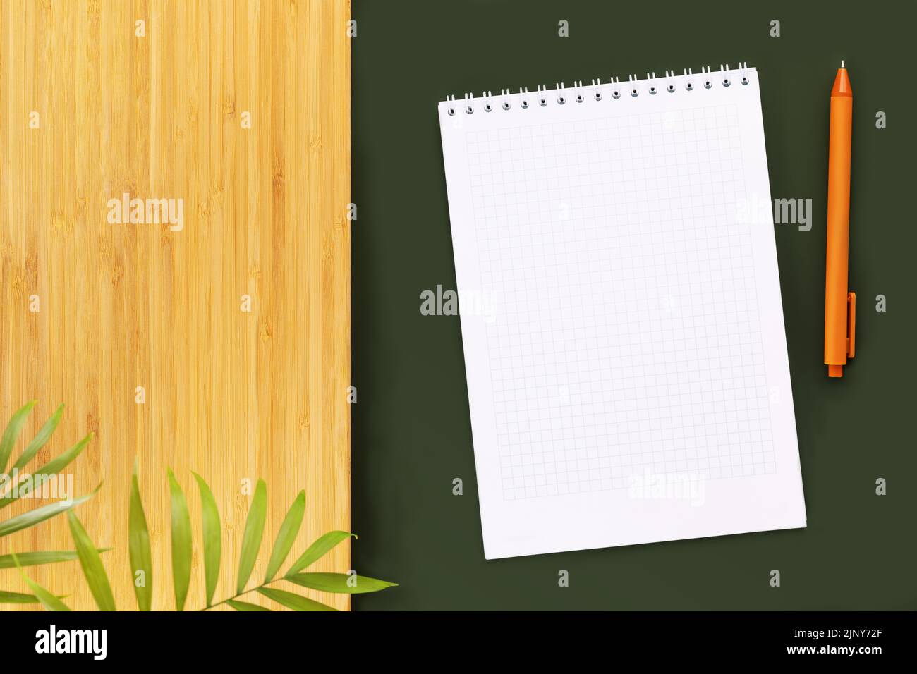 Eco friendly, natural background. Green table with notepaper with white ...