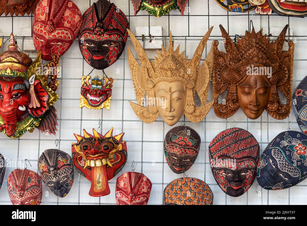 Traditional handicraft puppets mask souvenir retail display in Bali ...