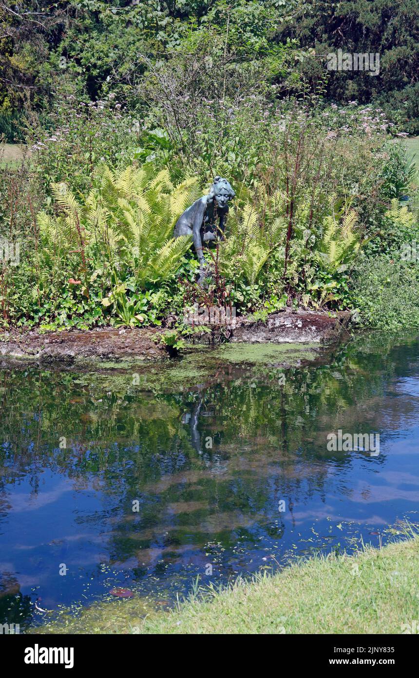 Water nymph statue, looking at reflecion in ornamental pond. Amongst ...