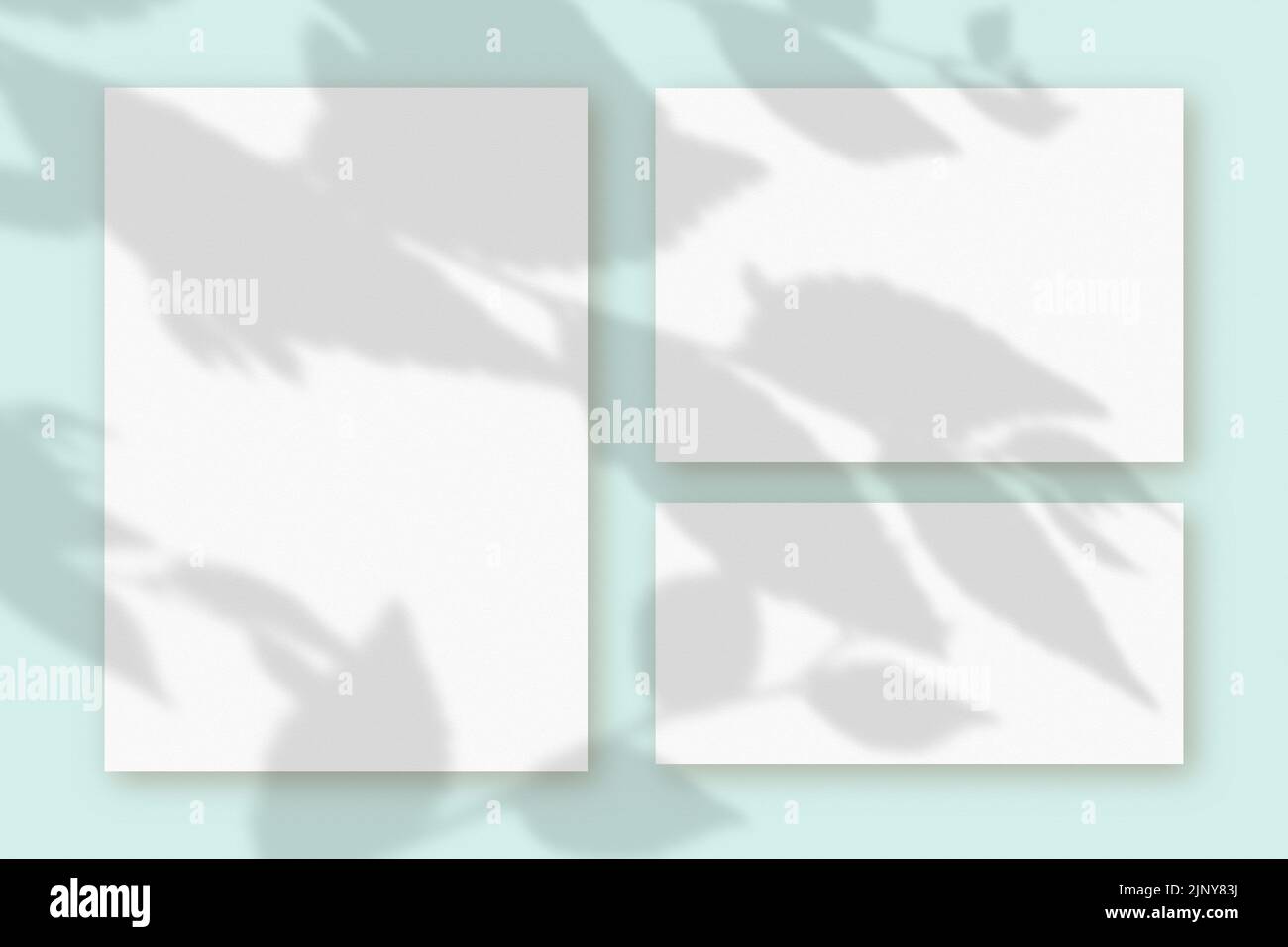 Horizontal and vertical sheets of white textured paper against a blue ...