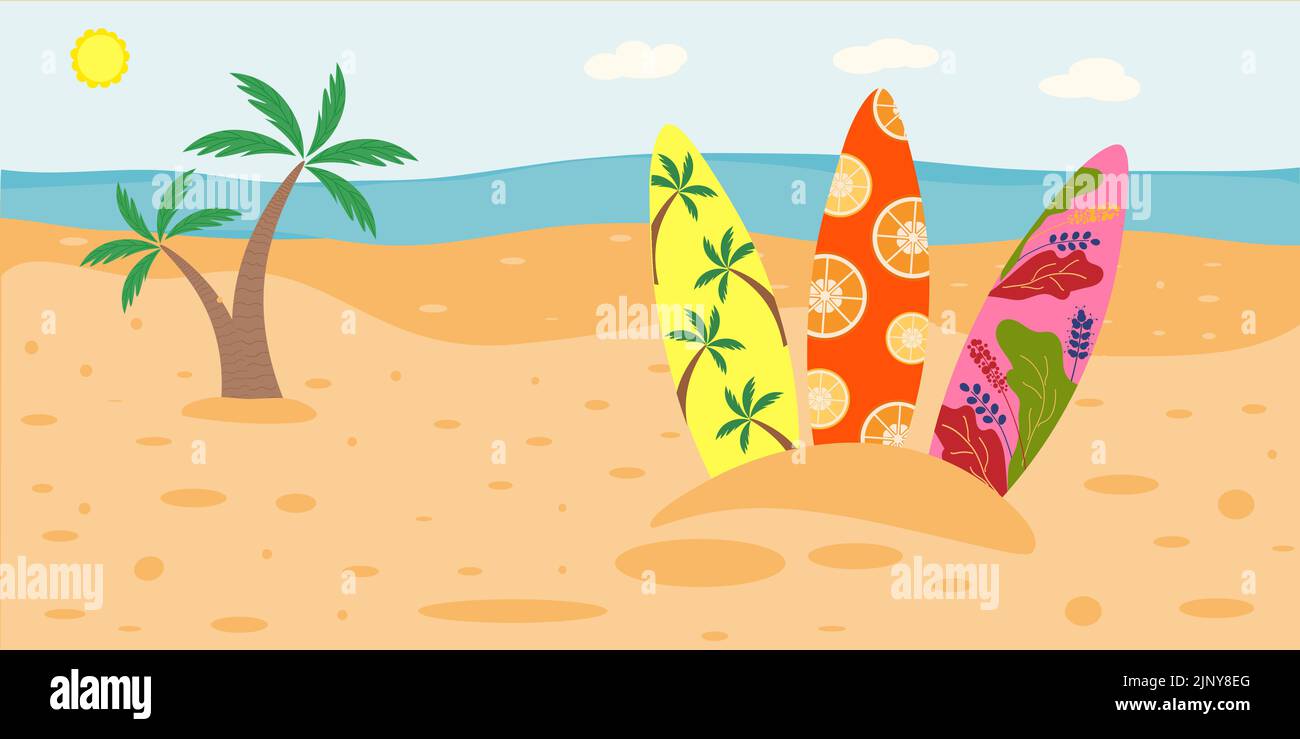 Colorful surfboards in the sand on the beach under palm trees and the ...