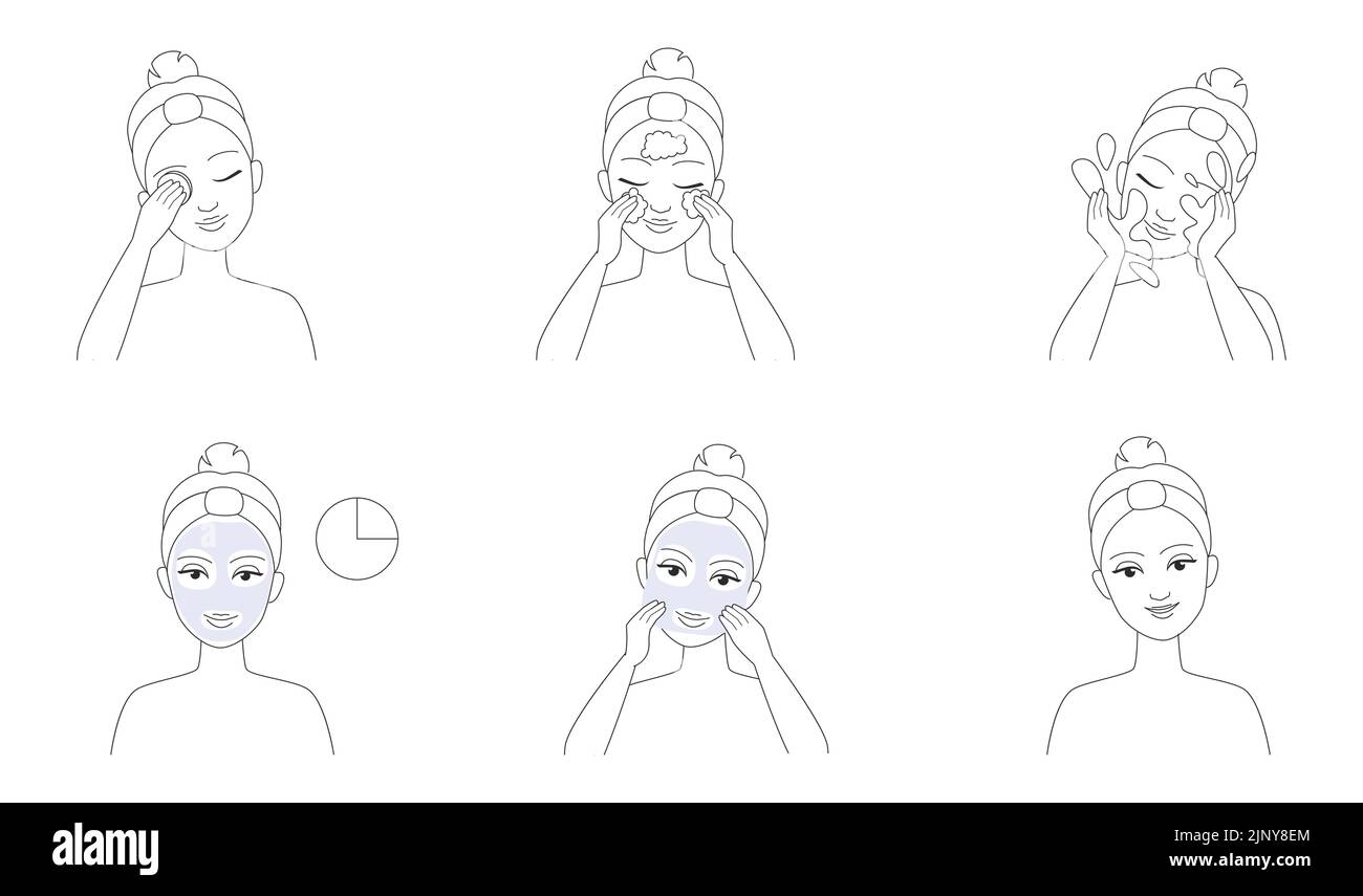 Facial skin care steps set in thin black line vector illustration ...