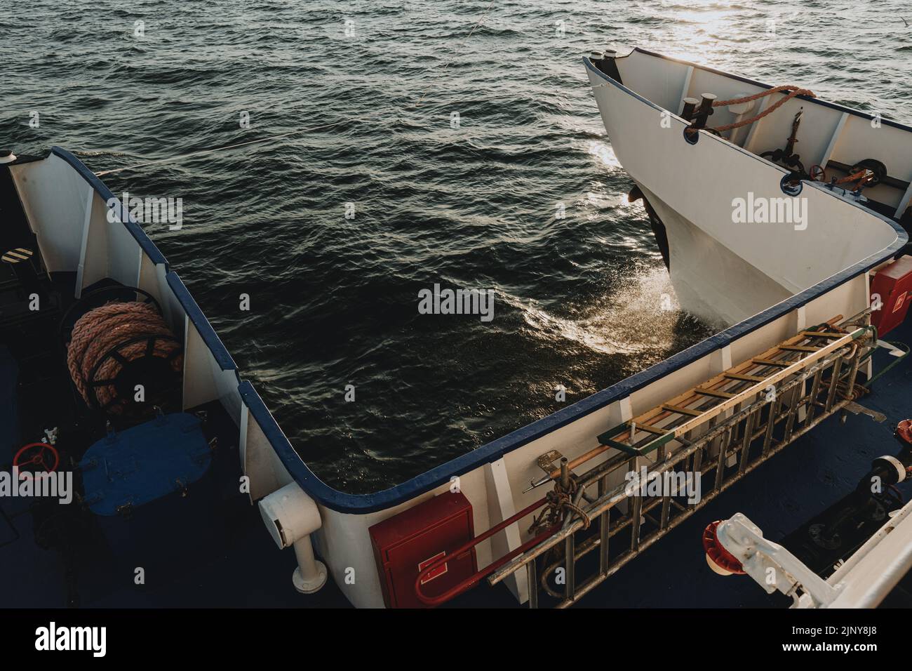 Front part of touristic catamaran boat sailing trough the baltic sea ...