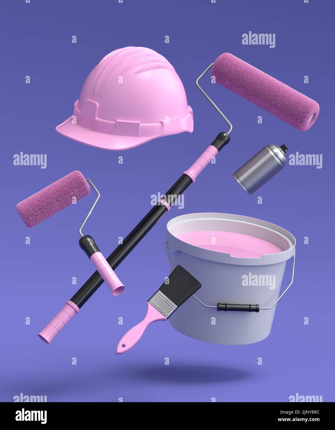 Set of safety helmet, bucket with paint rollers and brushes on violet ...