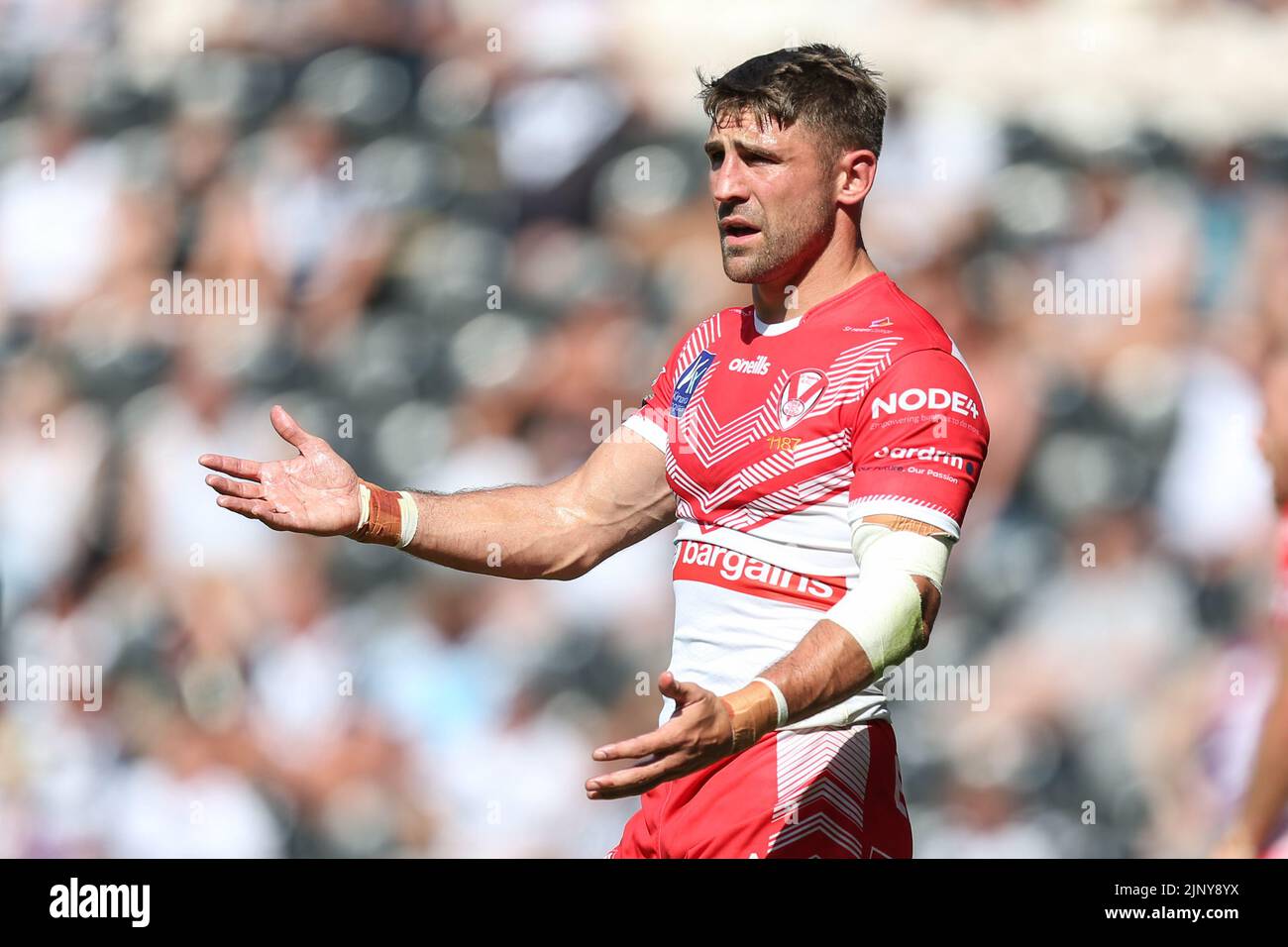 Tommy Makinson #2 of St Helens reacts to a referee decision Stock Photo ...