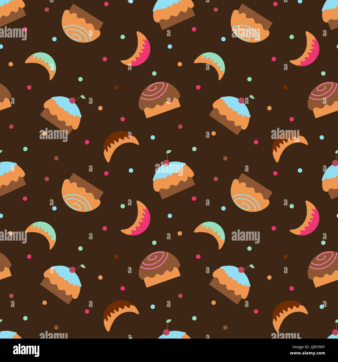 Wallpaper with cupcakes, sweets and sweet horns on a dark brown ...