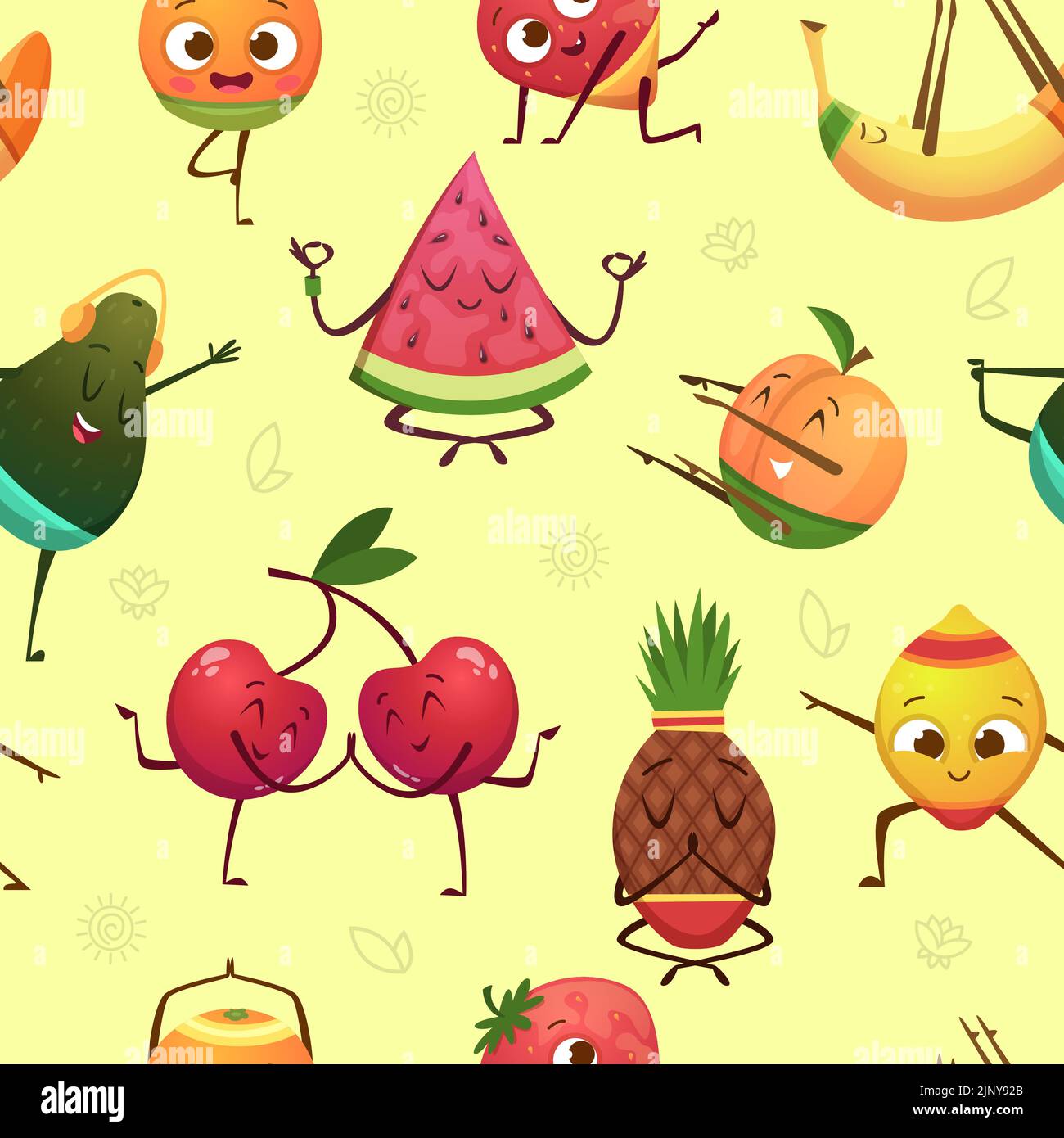 Fruits characters pattern. Funny fruits in action poses making sport ...