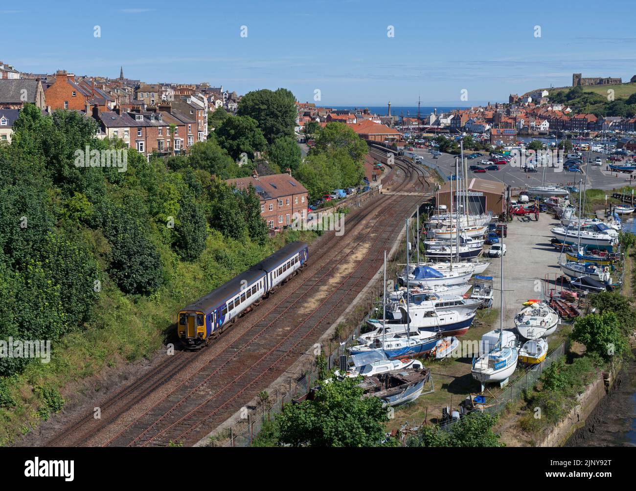 Northern Rail class 156 DMU train departing from Whitby on the scenic ...