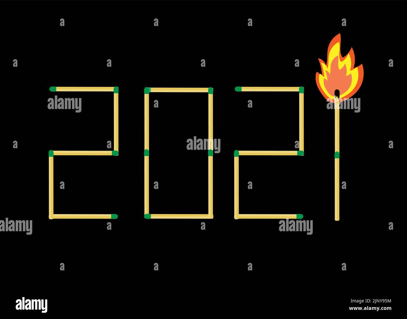 Numbers from matches with a burning flame on a black background Stock ...