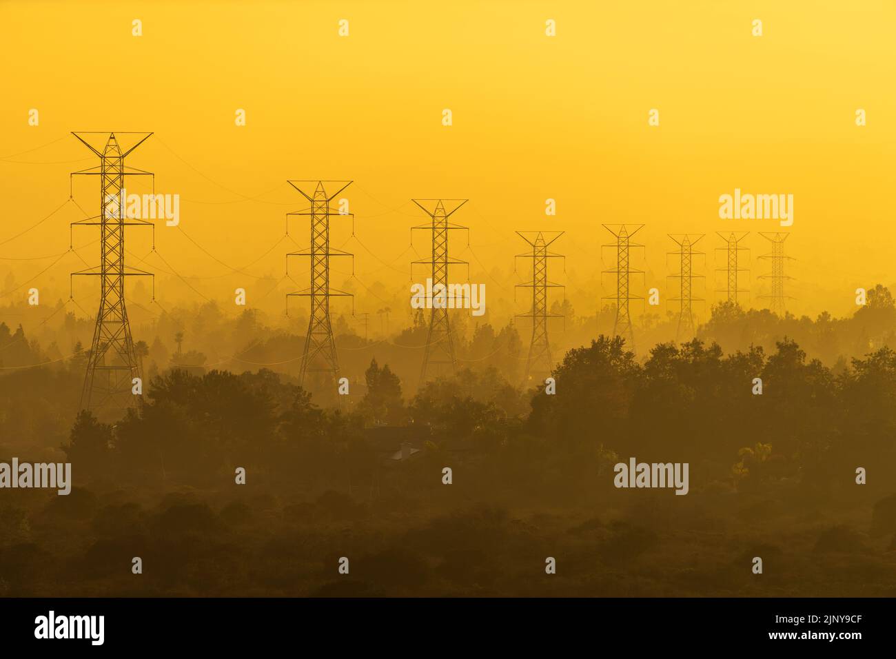 Eight high-voltage power line towers in foggy woodlands Stock Photo - Alamy