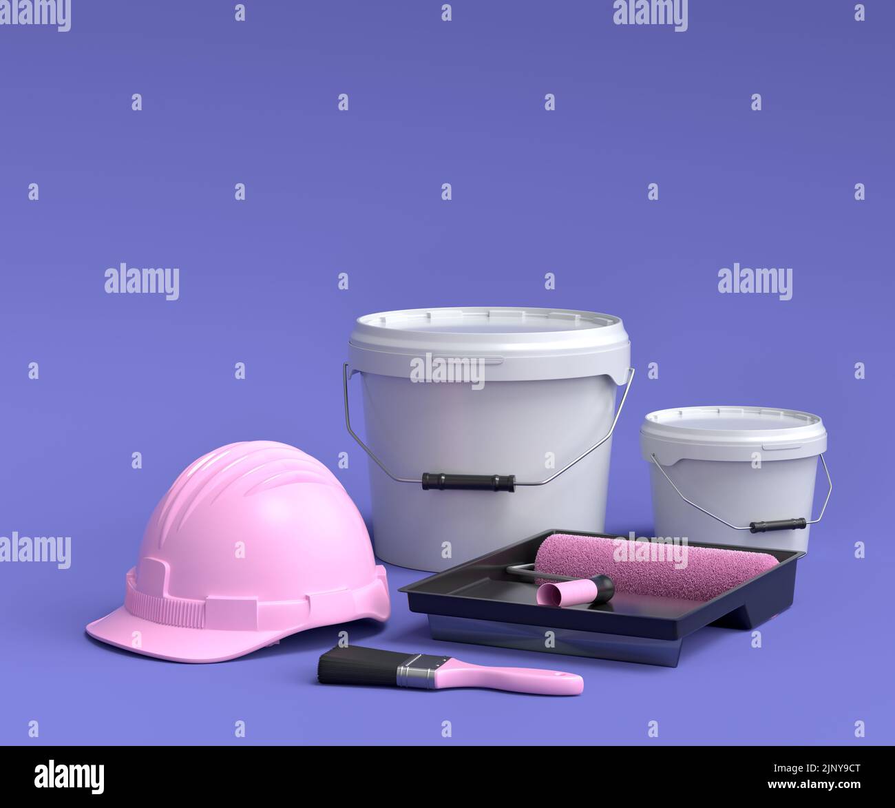 Set of safety helmet, bucket with paint rollers and brushes on violet ...