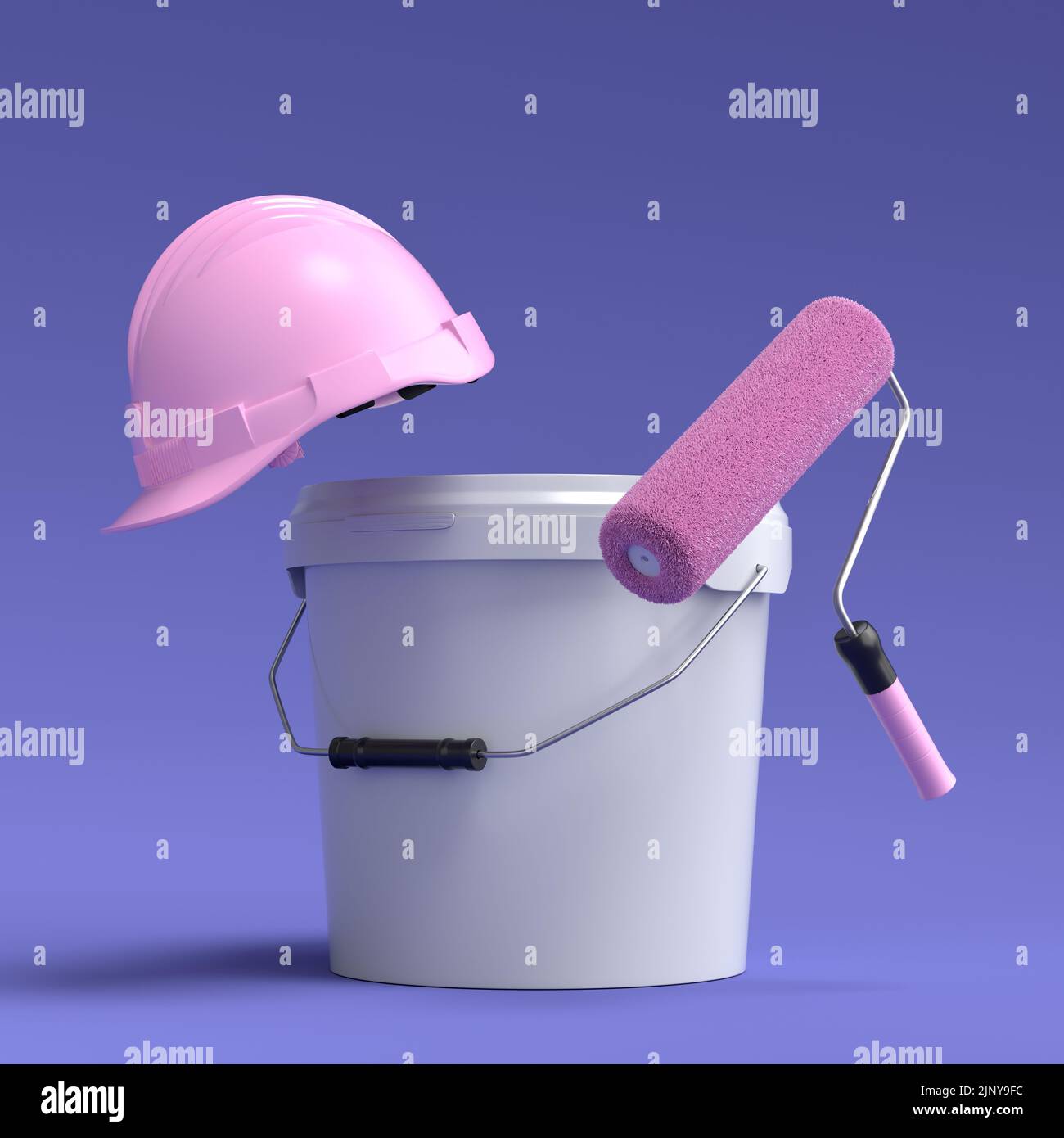 Set of safety helmet, bucket with paint rollers and brushes on violet ...