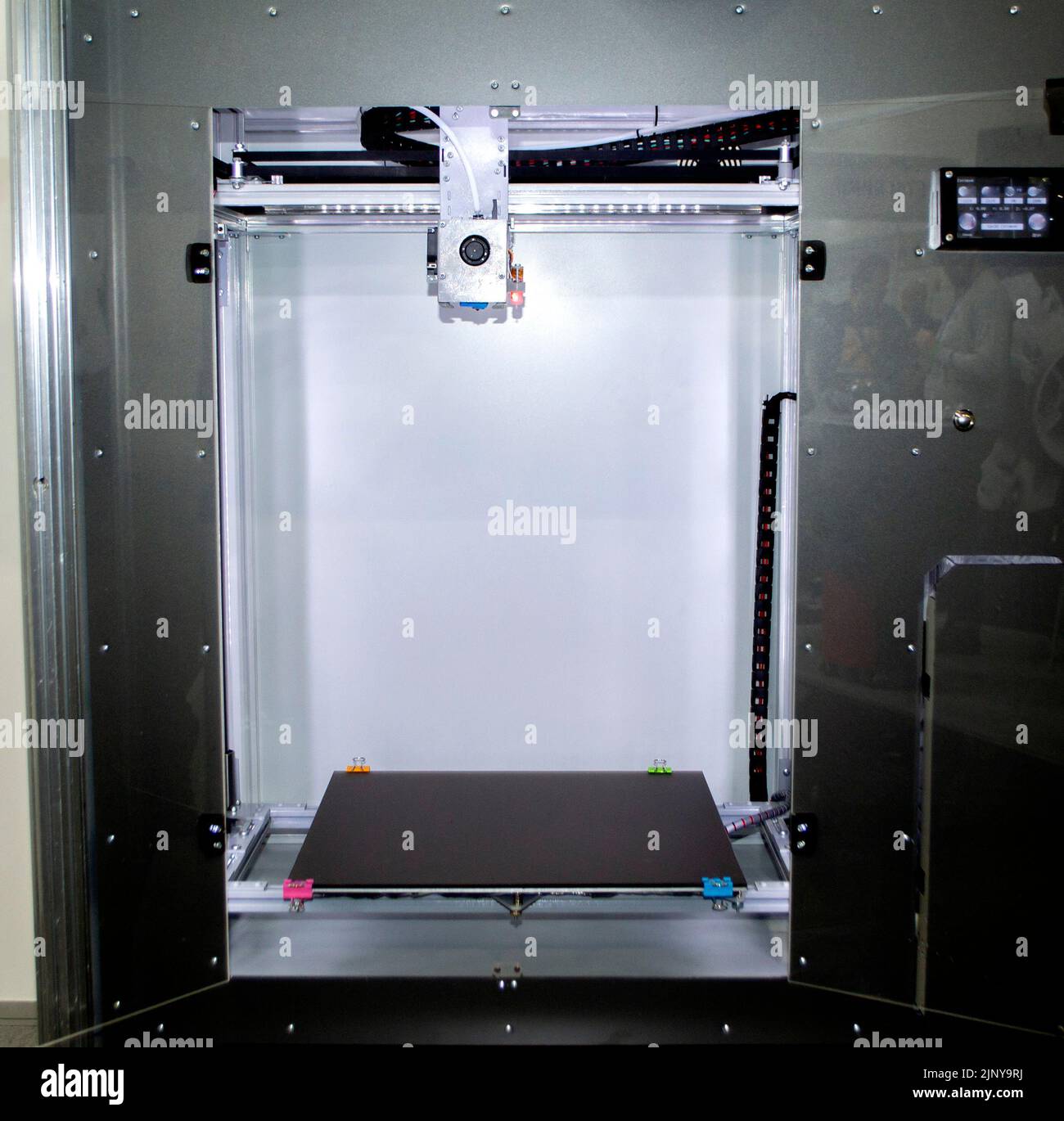 Empty 3d printer close-up. 3d printer with empty desktop inside. Non ...