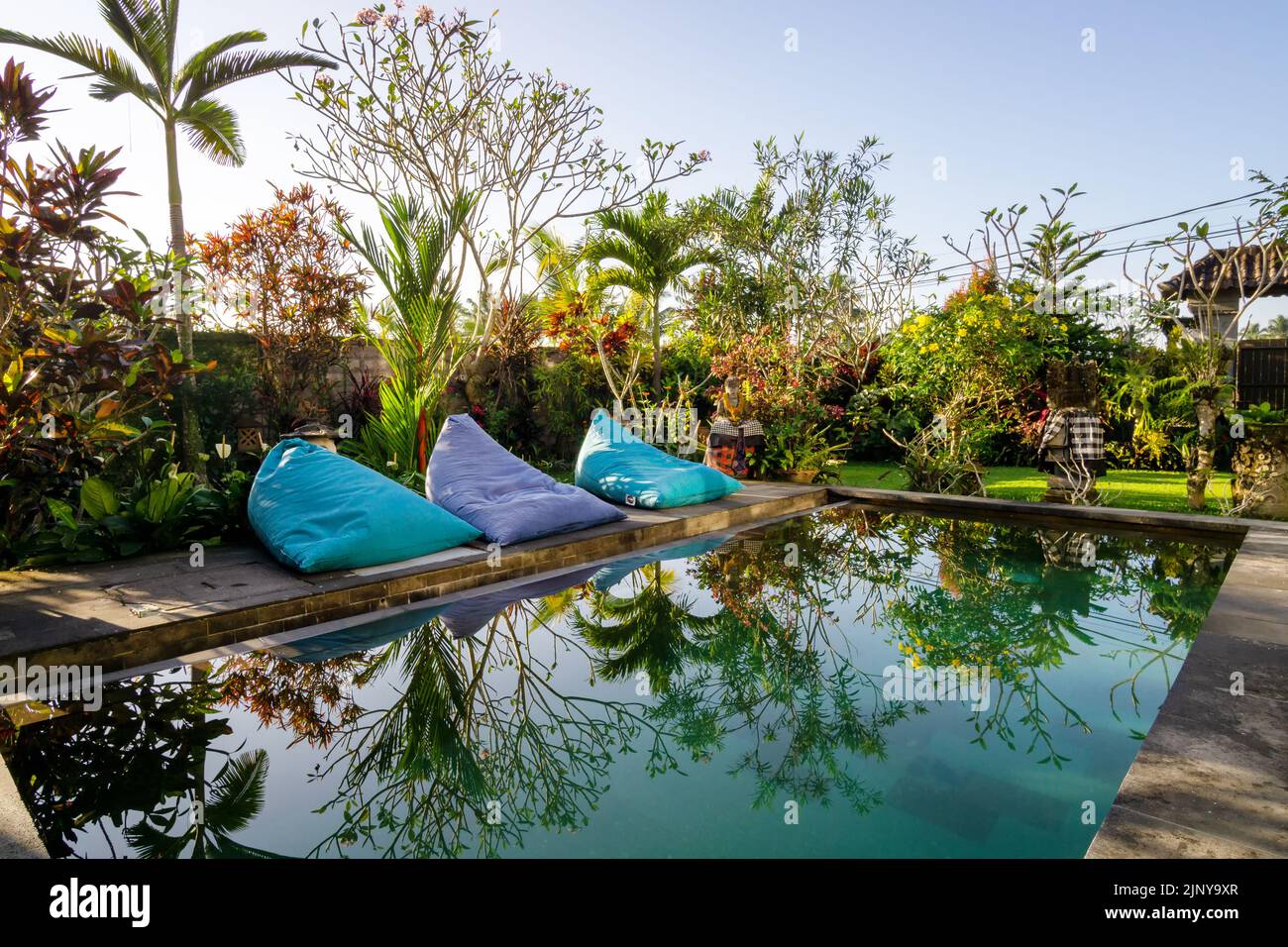 Bali style tropical garden with swimming pool and bean bag - holiday ...